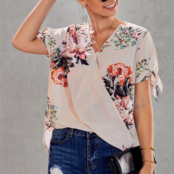 BellanBlue | Tops | Boho Floral Print Surplice Sleeve Tie High Low Top ...